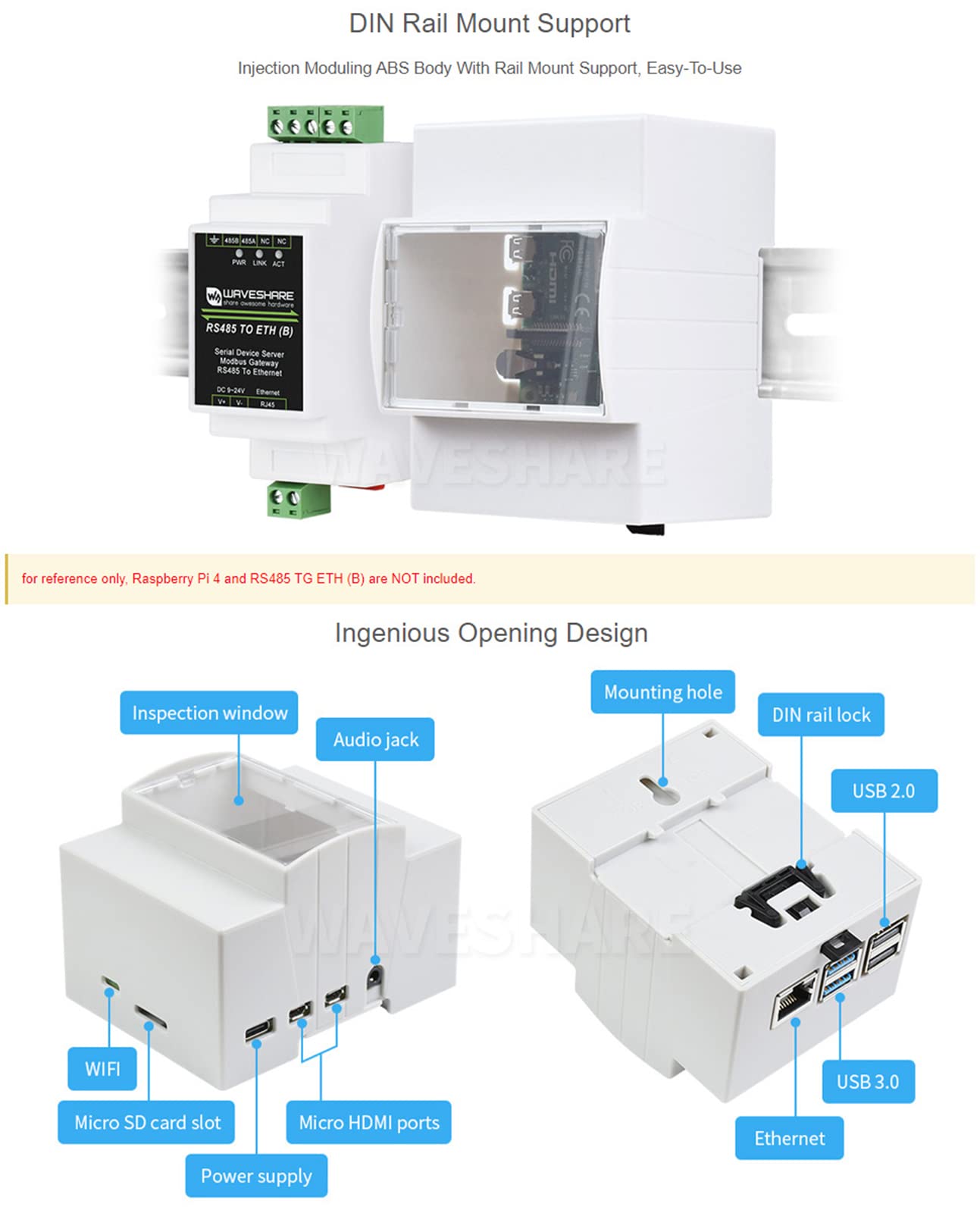 DIN Rail Case for Raspberry Pi 4, DIN Rail Mount Support, ABS Material, Clear Top Window, Large Inner Space Allows Accommodating an Extra Add-on Such as PoE HAT (D), RS485 CAN HAT etc. Easy to Use