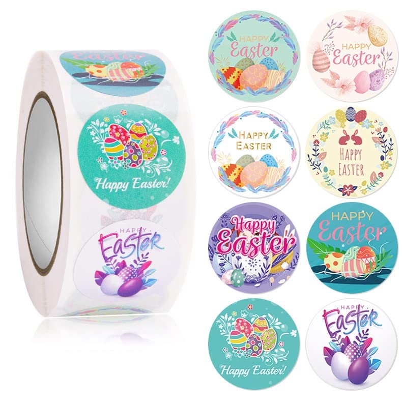 500 Pieces Easter Stickers Roll,1.5 Inch Rabbit Stickers Self Adhesive Easter Labels with 8 Styles for Candy Cookie Bags Gifts Boxes Wrap Cards Bottles Envelope Seals Party Decoration Supplies