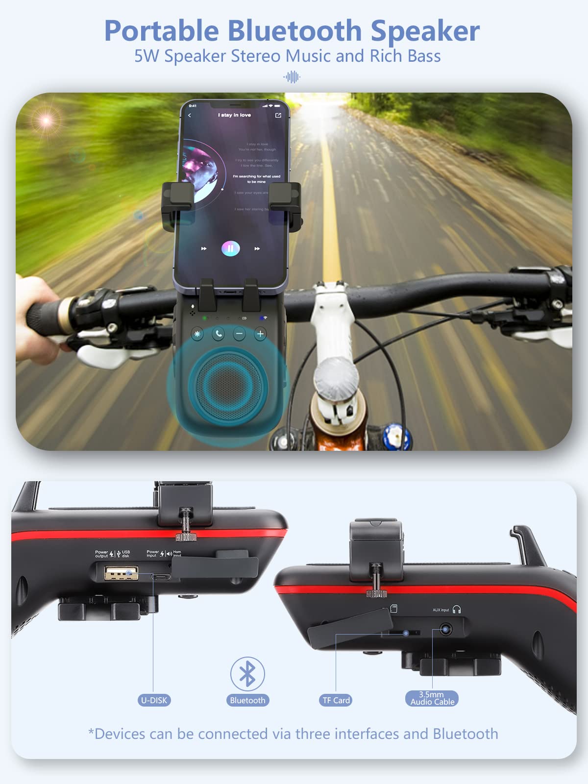 Weduda Multifunctional Bike Phone Holder,Portable Bluetooth Speaker with Microphone and LED Lighting, External Bicycle Bell, 5000mAh Power Bank - Ideal for Adult Road & Mountain Cycling