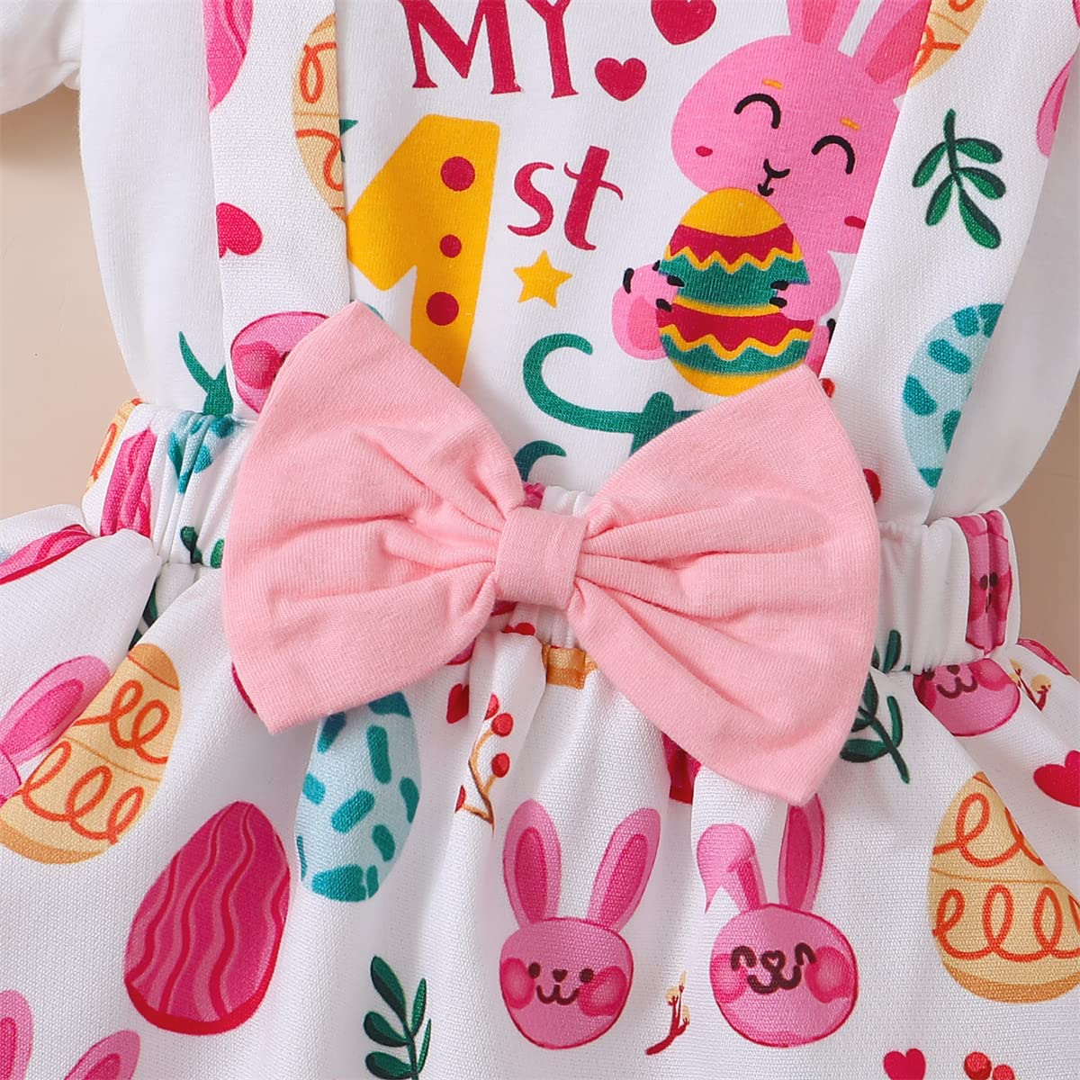 Newborn Baby Girl Easter Outfit My First Easter Romper Rabbit Suspender Skirt Headband Clothes Set (Easter-Pink, 9-12 Months)