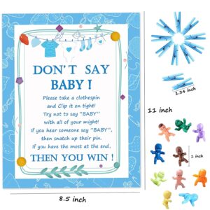 Don't Say Baby Shower Clothespin Game, 60 Mini Plastic Clothespins One 8.5 x 11 Sign 50 Mini Plastic Baby (Blue)