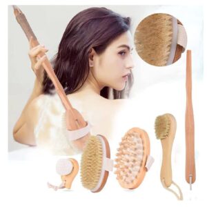 premium dry brushing body brush set,exfoliating body scrubber with long handle, natural boar bristle body brush,face cleansing brush,body brush set for lymphatic drainage,great gift for a glowing skin