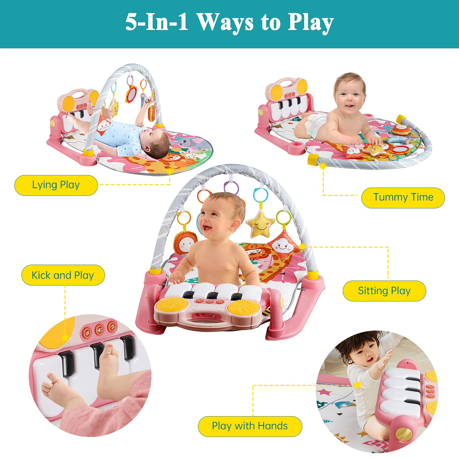 Baby Play Gym Mat, Kick and Play Baby Activity Gym with Music and Lights, Maydolly Baby Play Mats for Infants and Toddlers, Pink