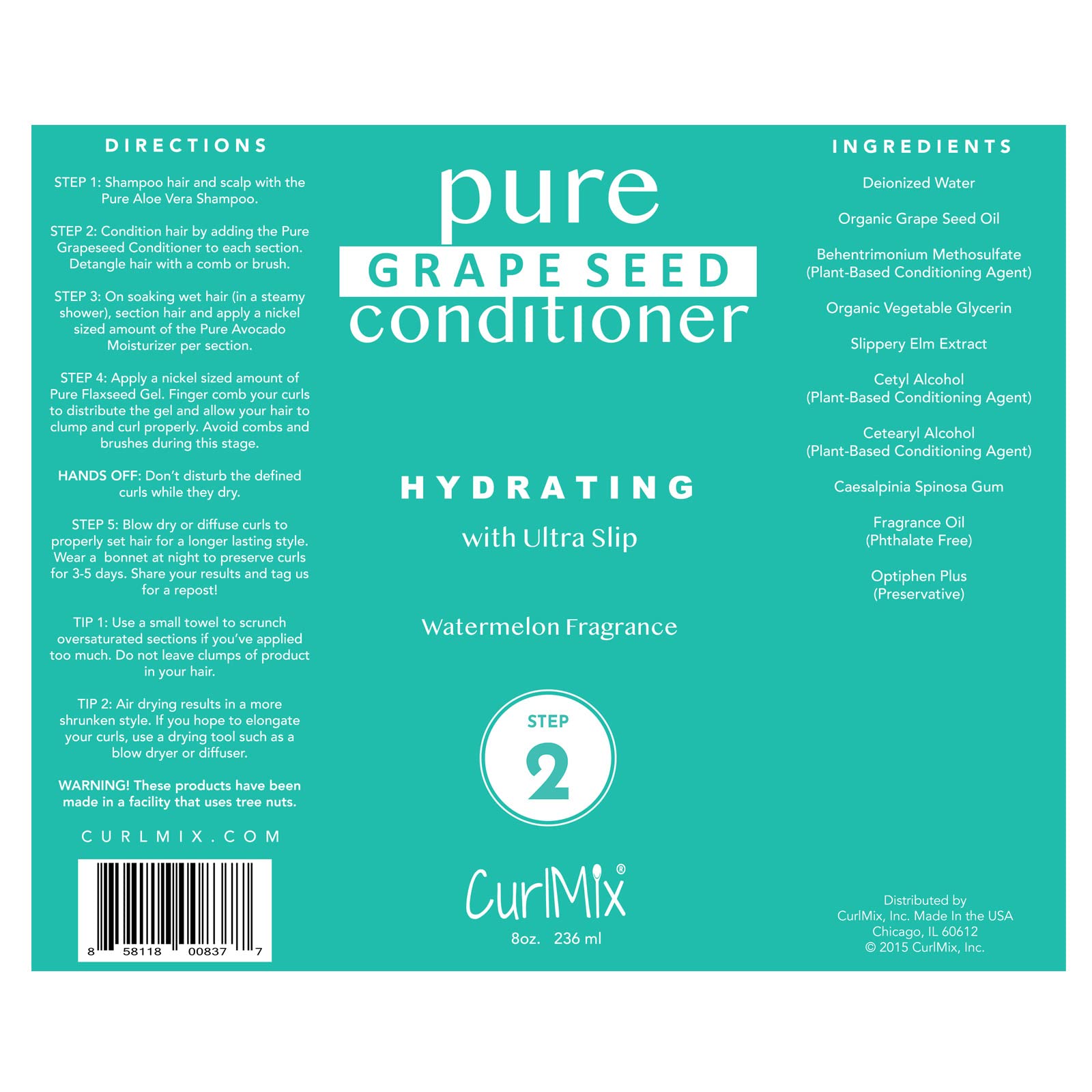 CurlMix Organic Grape Seed Conditioner, Watermelon Fragrance - Softens & Defines 4C Natural Hair, Handmade Conditioner for Curly Hair, Paraben Free, Sulfate Free - 8oz