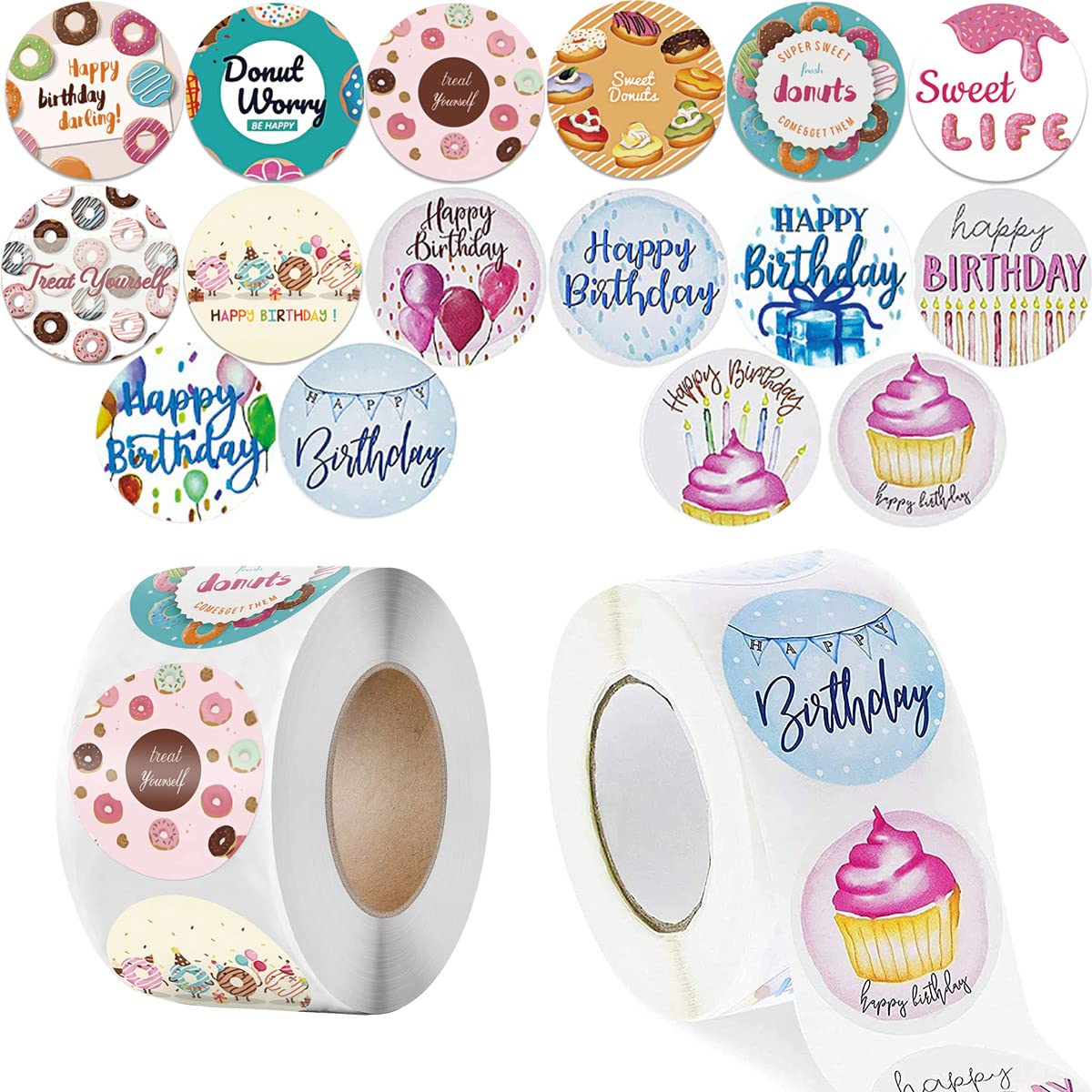 2 Roll/1000Pcs Happy Birthday Stickers Round Seals Labels Adhesive Labels for Baby Shower and Happy Birthday Party Decorative, Cards Gift Envelopes Boxes, 1.5Inch