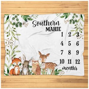 woodland monthly blanket monthly growth tracker fleece fox blanket, newborn woodland gift blanket watch me grow baby boy nursery blanket, super soft plush woodland fleece blanket for baby 30x40