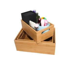 bamboo storage box set - 3 piece pack durable bin with handles, multi-purpose organizer, for closet, office, toys, bedding, clothes, baby essentials, arts and crafts