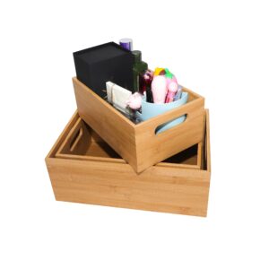 Bamboo Storage Box Set - 3 Piece Pack Durable Bin with Handles, Multi-Purpose Organizer, for Closet, Office, Toys, Bedding, Clothes, Baby Essentials, Arts and Crafts