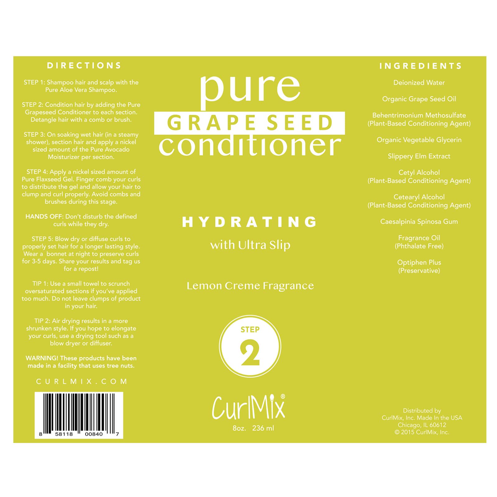 CurlMix Organic Grape Seed Conditioner for Kinky, Coily, 4C & Natural Curly Hair, Lemon Creme, Softening & Defining, Handmade, Paraben & Sulfate Free, 8 fl oz