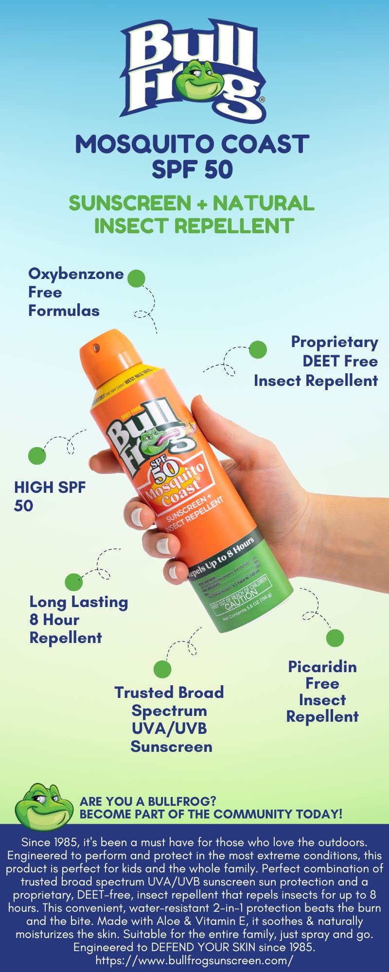 Bullfrog Mosquito Coast Sunscreen SPF50 + Insect Repellant 5.5oz Continuous Spray, 2pk