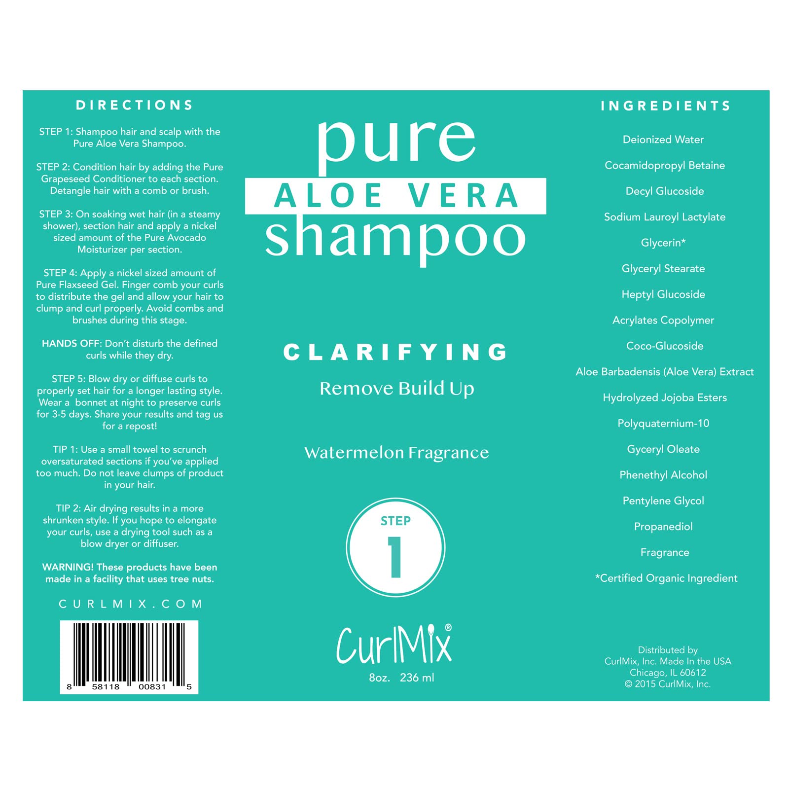 CurlMix Shampoo for Curly and Kinky Hair with Aloe Vera - Watermelon Fragrance - Clarifies and Moisturizes Ethnic and Natural Hair - Organic, Handmade, Shampoo for Natural Hair and Softer Curls - Paraben Free - Sulfate Free - 8oz