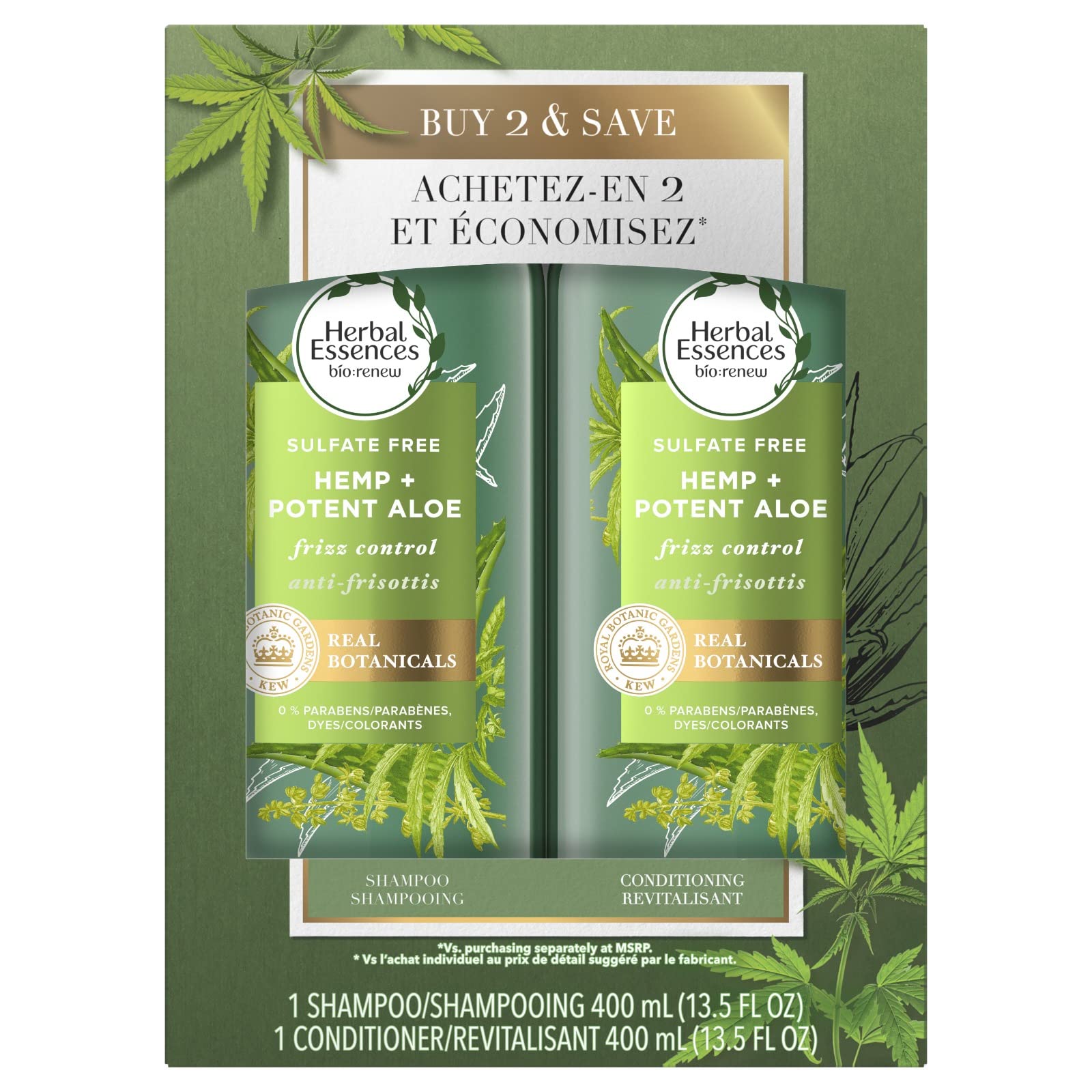 Herbal Essences Bio:Renew Sulfate Free Hemp + Potent Aloe Shampoo and Conditioner Set, 13.5 Fl Oz Each — Nourishes Dry Hair for Frizz Control, Paraben Cruelty Safe Color Treated (Pack of 1)