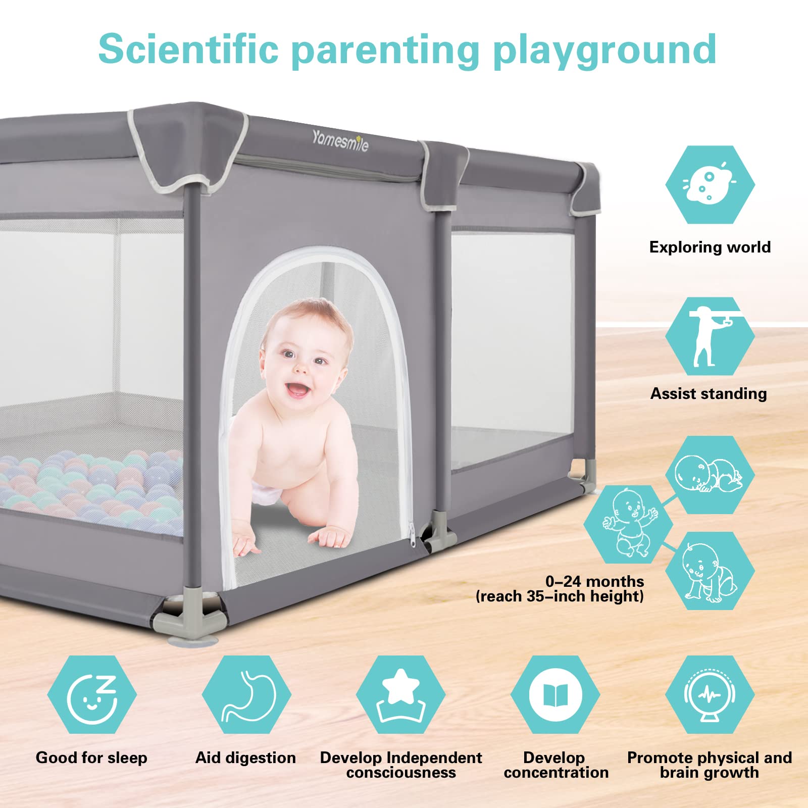 Baby Playpen with Mat 71 x 59 inch Baby Playpen for Babies and Toddlers, Extra Large Baby Playyard for Indoor & Outdoor Activity, with Soft Breathable Mat & 4 Pull Rings for Kids Center (Gray)