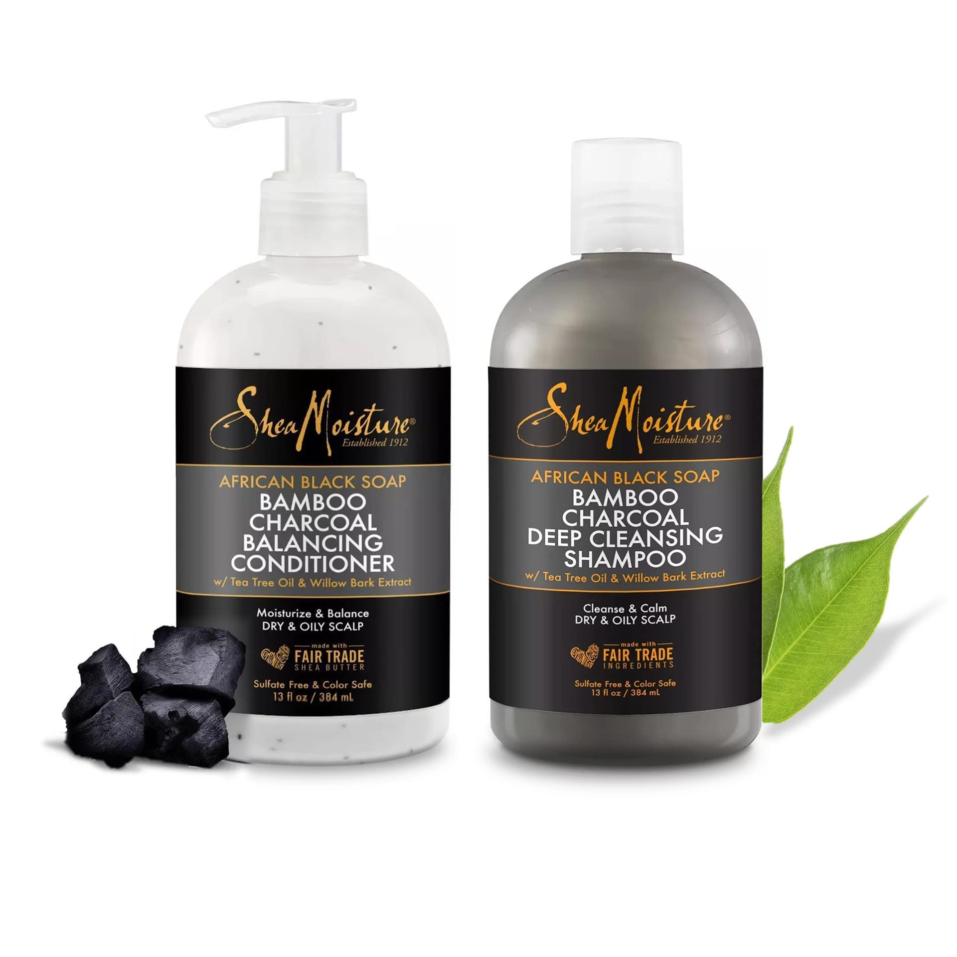 Shea Moisture African Black Soap Bamboo Charcoal Deep Cleansing Shampoo & Deep Balancing Conditioner Set, 13 Ounce each