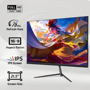 AISHICHEN 21.5 Inch Computer Monitor, Build-in Speakers, 75Hz 1080P, FHD Desktop Monitor, HDMI Monitor, Led Monitor, IPS Monitor with HDMI & VGA Ports, VESA Wall Mount (21.5 inch + w/Speakers)