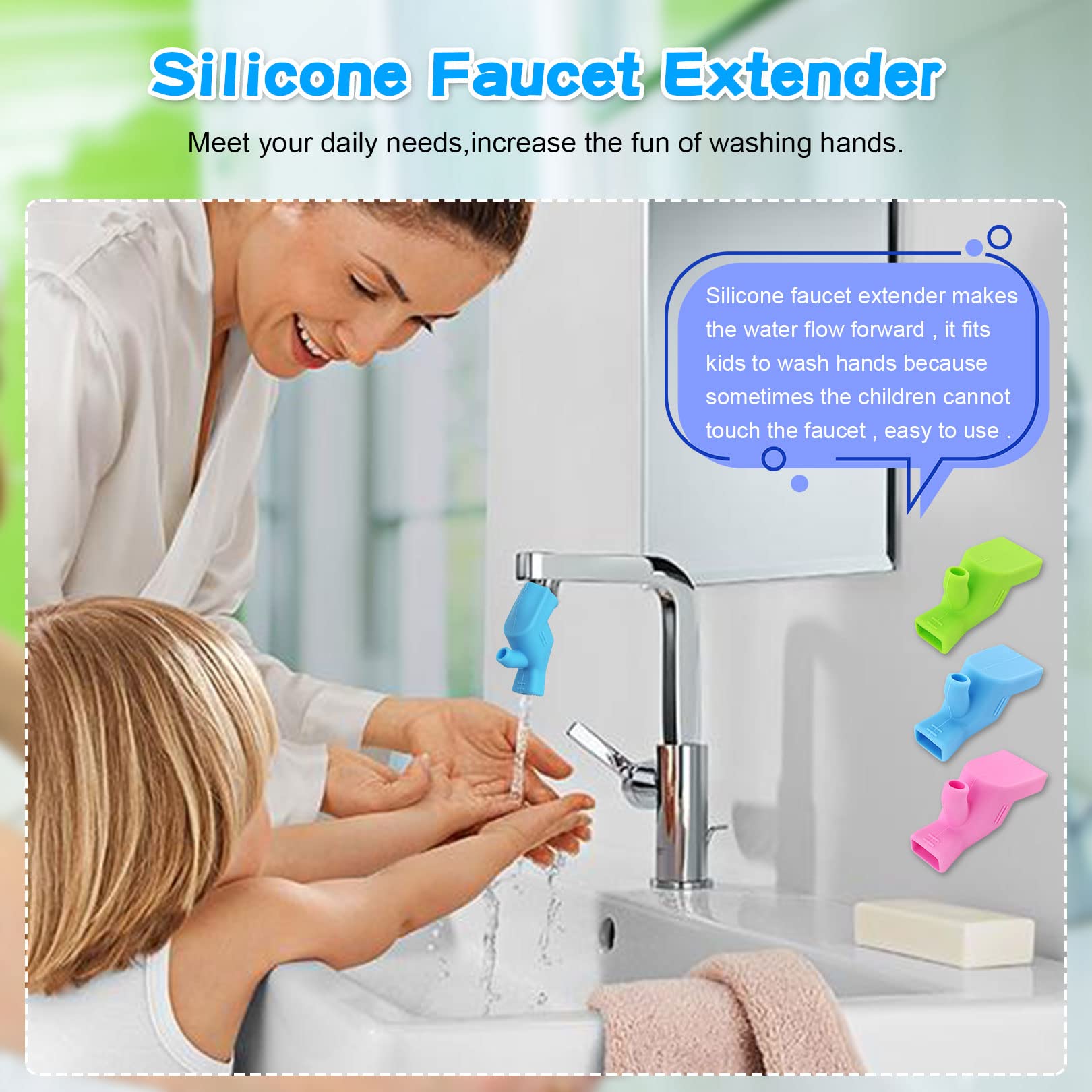 3-Pcs Silicone Faucet Extender for Kids Faucet Extender for Bathroom Sink Easy Hand Washing Bathroom & Kitchen Fun & Safe Toddler Bath Spout Cover Green Blue Pink Children & Babies