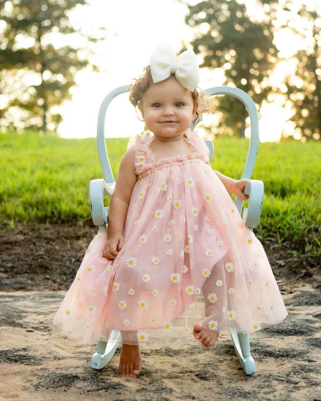 Toddler Baby Girl Tutu Dress Sleeveless Daisy Floral Layered Tulle Dress Kids Princess Birthday Party Beach Dresses (Pink Daisy, 6-12 Months)