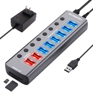 cenmate powered usb 3.0 hub with sd/tf card reader, aluminum usb 3.0 splitter(6 usb 3.0 ports+2 2.4a charging ports+tf/sd reader), individual on/off switches