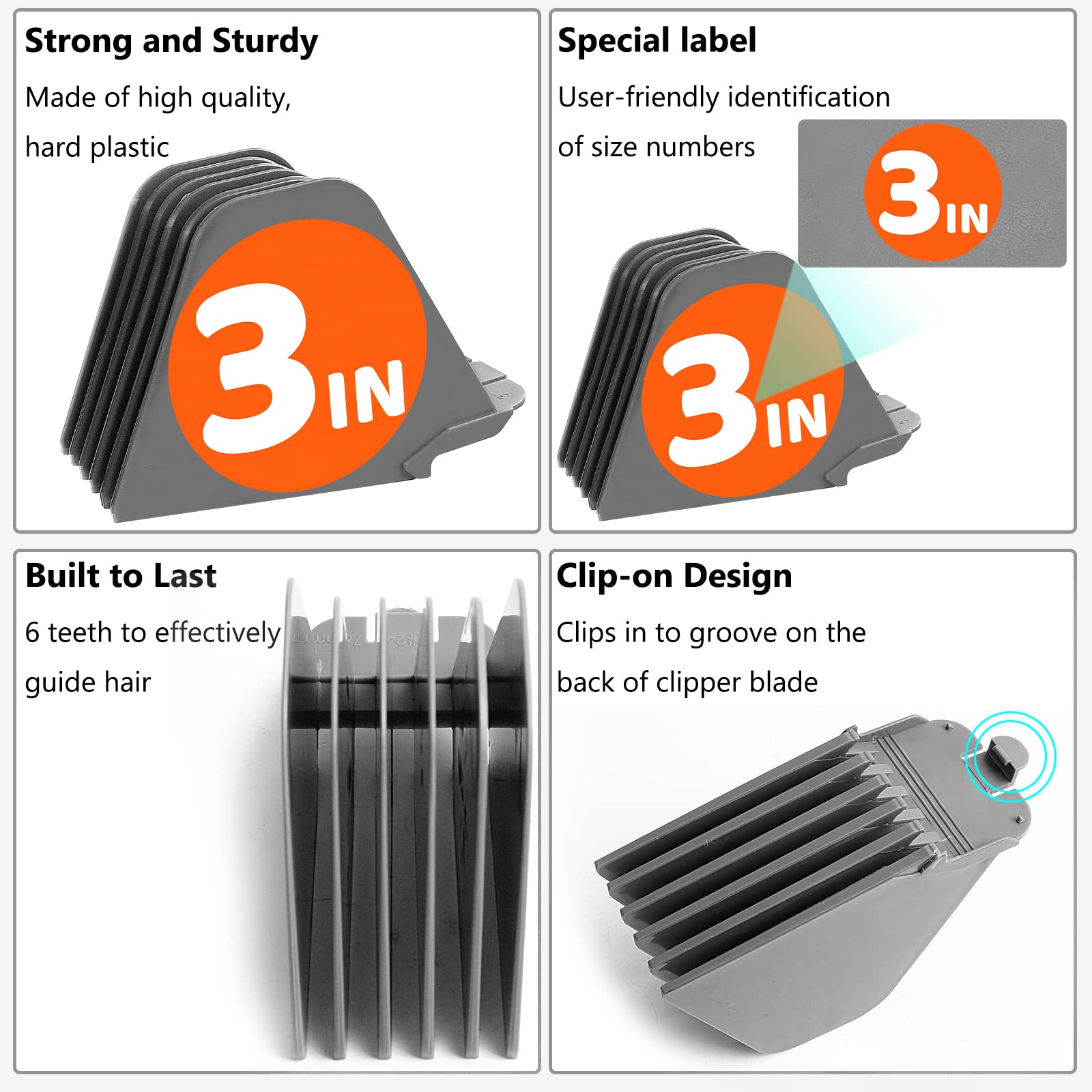 Premium Clipper Guards, Clipper Combs Guides with 8 Cutting Lengths from 3in & 2.75 in & 2.5 in & 2.25 & 2 & 1.75 & 1.5& 1.25 (#24, 22, 20, 18, 16, 14, 12, 10) Fits Wahl Clippers (8pcs Gray Mega Set)