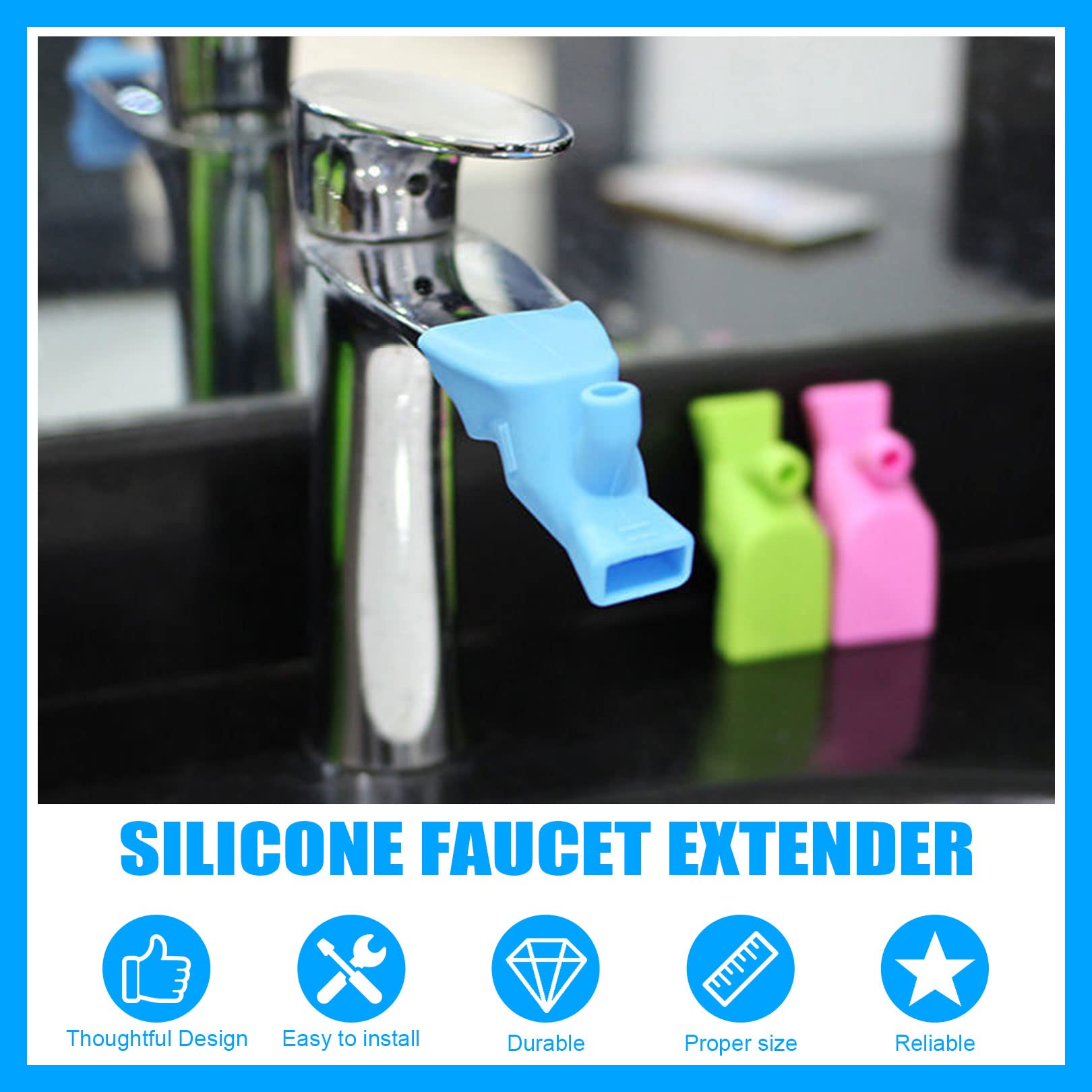 3-Pcs Silicone Faucet Extender for Kids Faucet Extender for Bathroom Sink Easy Hand Washing Bathroom & Kitchen Fun & Safe Toddler Bath Spout Cover Green Blue Pink Children & Babies