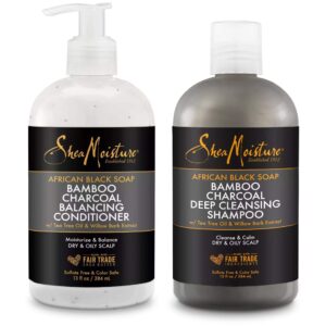 shea moisture african black soap bamboo charcoal deep cleansing shampoo & deep balancing conditioner set, 13 ounce each