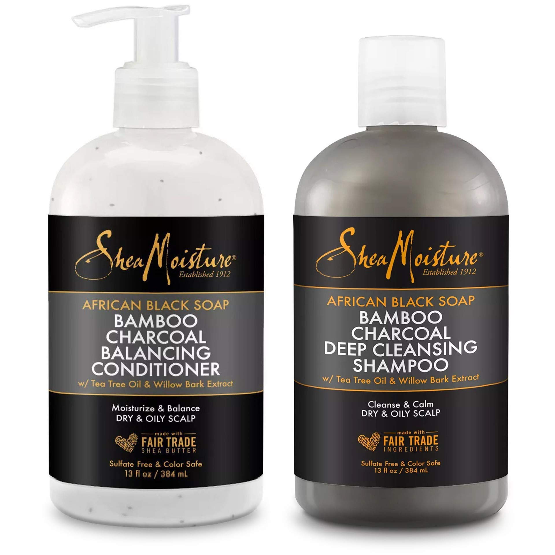 Shea Moisture African Black Soap Bamboo Charcoal Deep Cleansing Shampoo & Deep Balancing Conditioner Set, 13 Ounce each