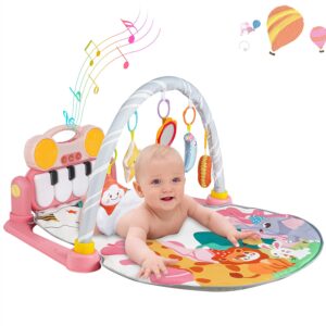 baby play gym mat, kick and play baby activity gym with music and lights, maydolly baby play mats for infants and toddlers, pink