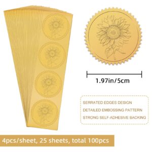 CRASPIRE Sunflower Gold Certificate Embossed Seals 100pcs Seals 2" Foil Round Self Adhesive Embossing Stickers for Awards Wedding Invitations Party Favors Envelopes Graduation Seals