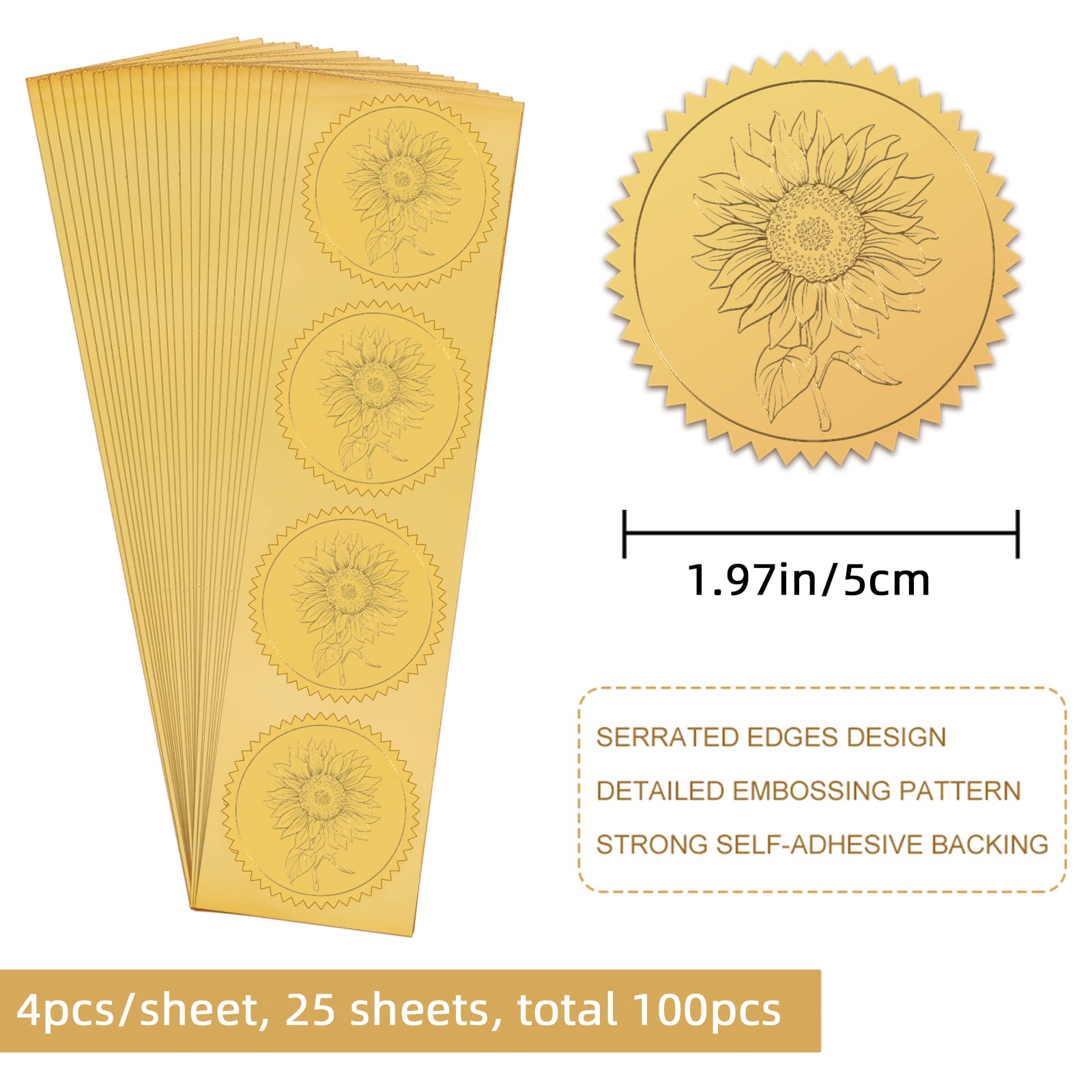 CRASPIRE Sunflower Gold Certificate Embossed Seals 100pcs Seals 2" Foil Round Self Adhesive Embossing Stickers for Awards Wedding Invitations Party Favors Envelopes Graduation Seals