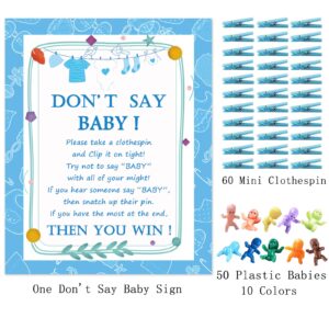 Don't Say Baby Shower Clothespin Game, 60 Mini Plastic Clothespins One 8.5 x 11 Sign 50 Mini Plastic Baby (Blue)