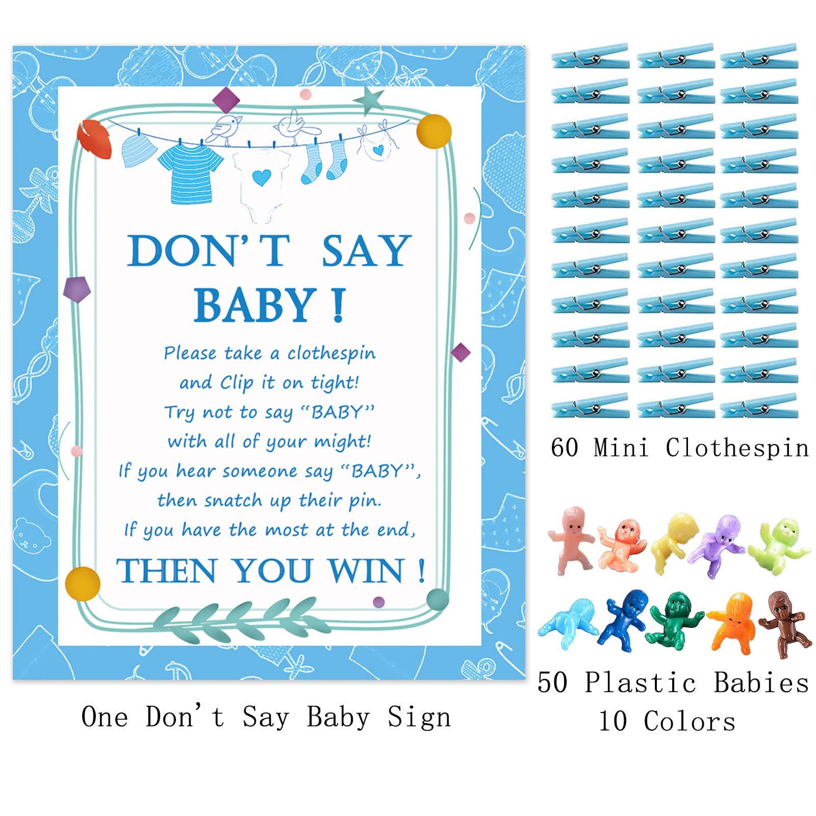 Don't Say Baby Shower Clothespin Game, 60 Mini Plastic Clothespins One 8.5 x 11 Sign 50 Mini Plastic Baby (Blue)