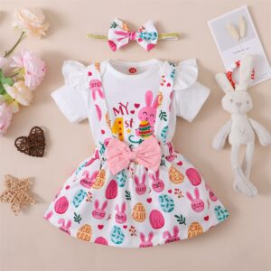 Newborn Baby Girl Easter Outfit My First Easter Romper Rabbit Suspender Skirt Headband Clothes Set (Easter-Pink, 9-12 Months)