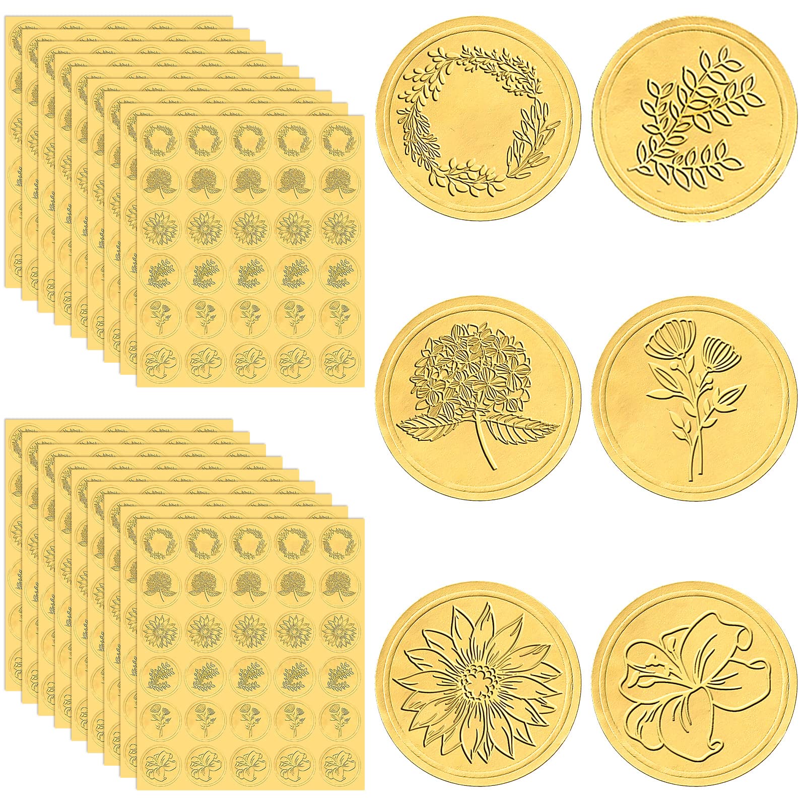 540 Pieces Gold Wax Seals Stickers Embossed Envelope Seal Stickers Gold Foil Self Adhesive Wax Stickers for Wedding Greeting Cards Invitations Party Certification, 6 Patterns (Flower)