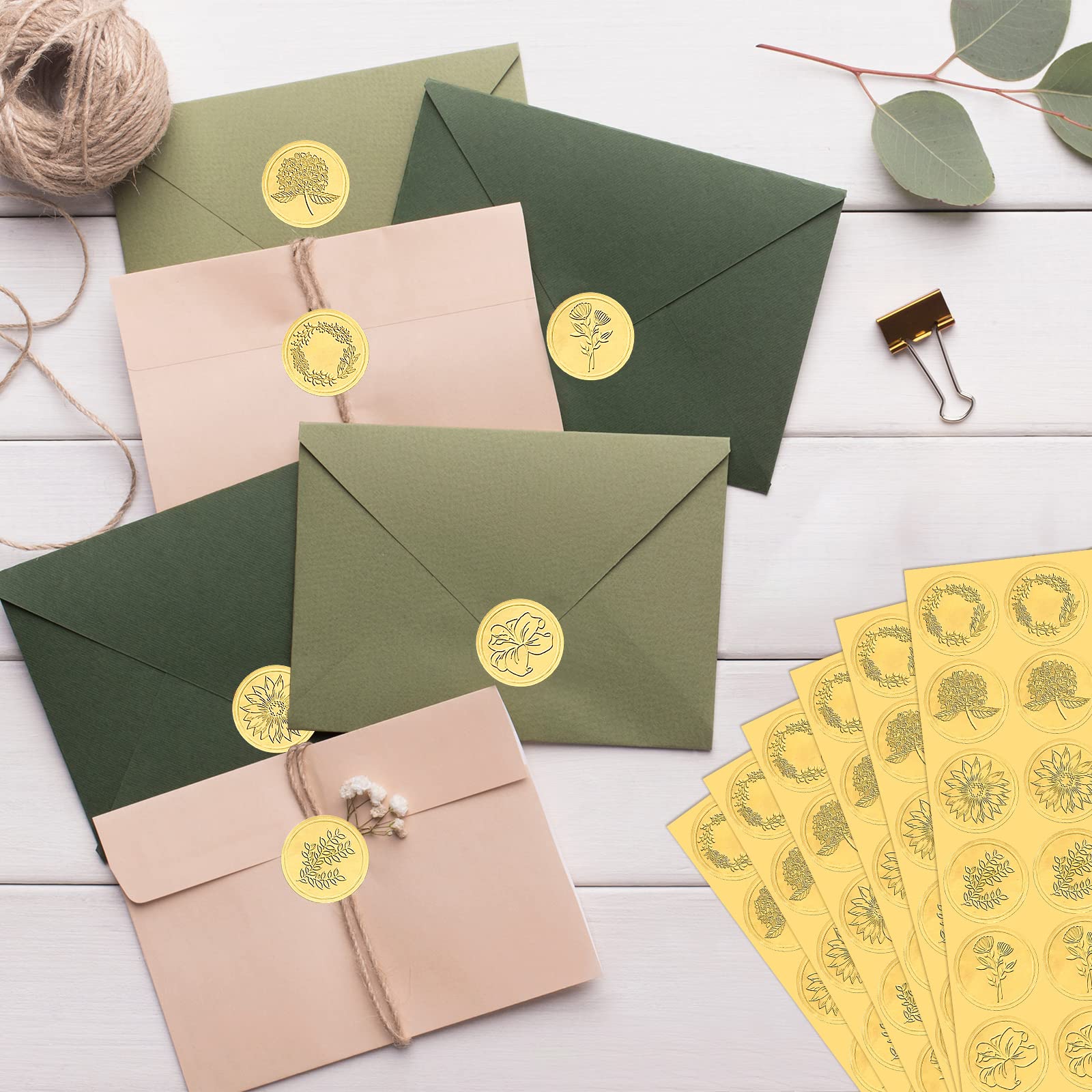 540 Pieces Gold Wax Seals Stickers Embossed Envelope Seal Stickers Gold Foil Self Adhesive Wax Stickers for Wedding Greeting Cards Invitations Party Certification, 6 Patterns (Flower)