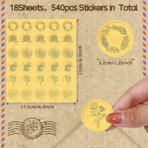 540 Pieces Gold Wax Seals Stickers Embossed Envelope Seal Stickers Gold Foil Self Adhesive Wax Stickers for Wedding Greeting Cards Invitations Party Certification, 6 Patterns (Flower)