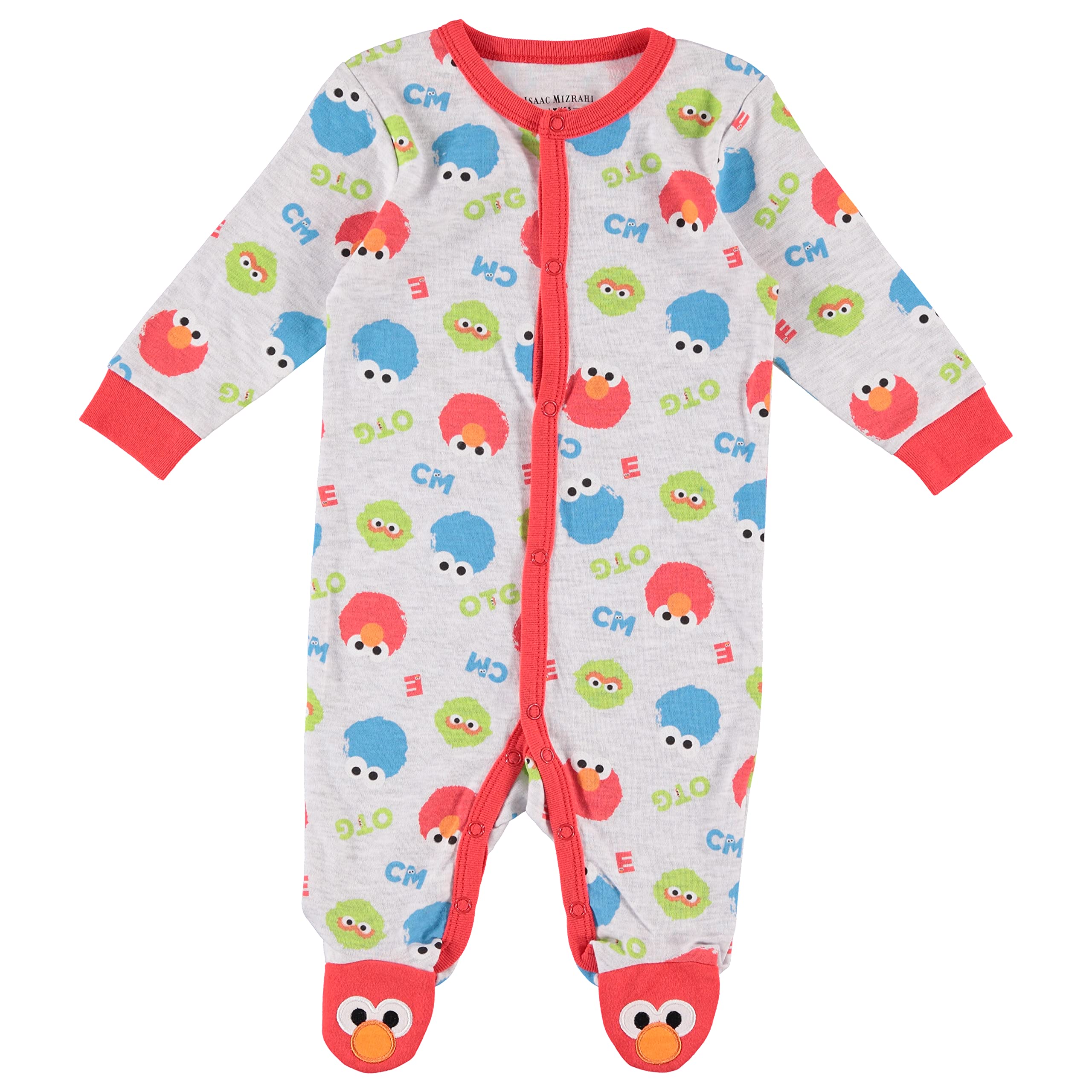 Happy Threads Sesame Street Baby Boys' Romper Long Sleeve Footie Bodysuit, Grey/Blue/Red, 3-6 Months