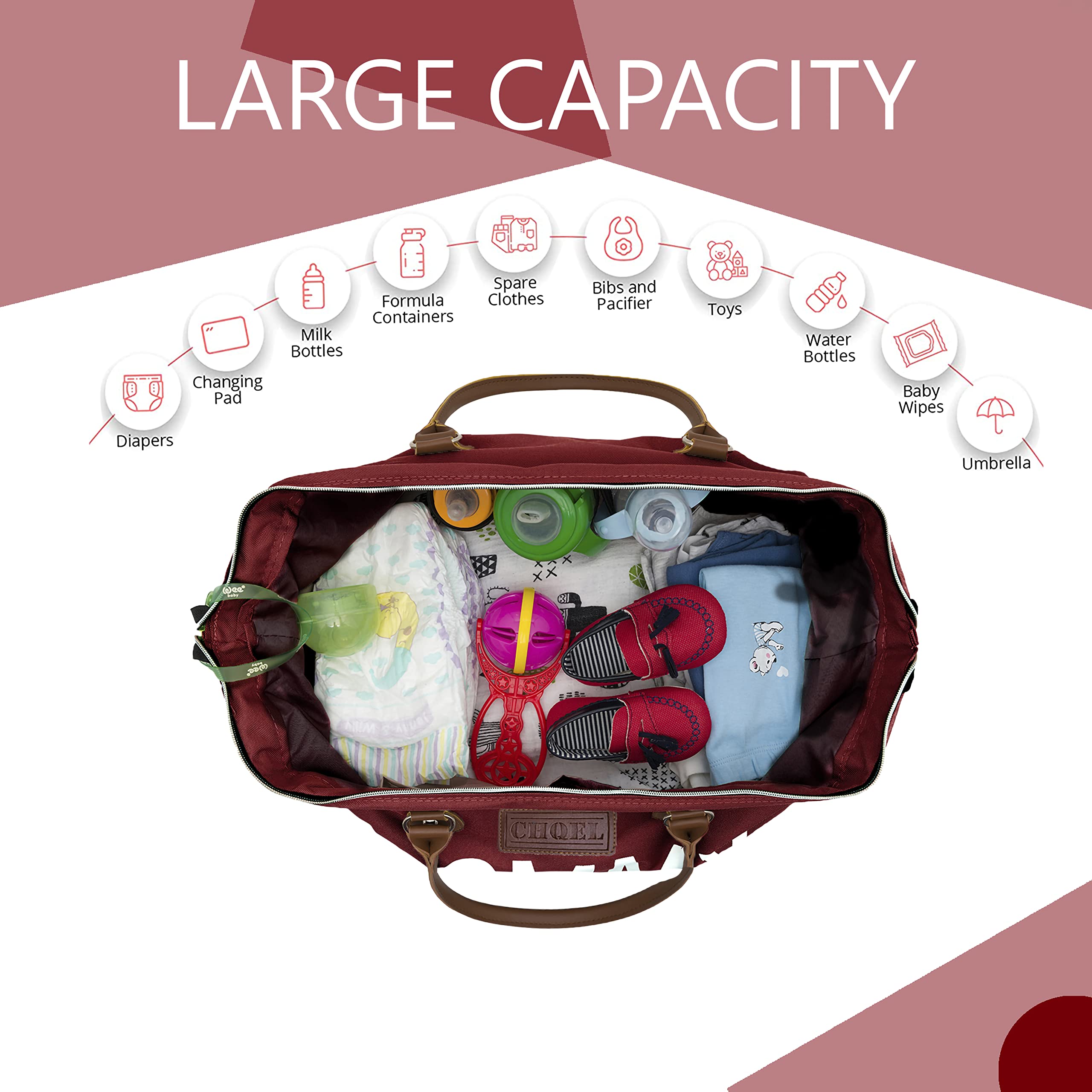 CHQEL Diaper Bag Tote with 2 Organizers, Multifunctional Large Mommy Bag for Hospital & Baby Diaper Travel Bag for Baby Care (BURGUNDY)