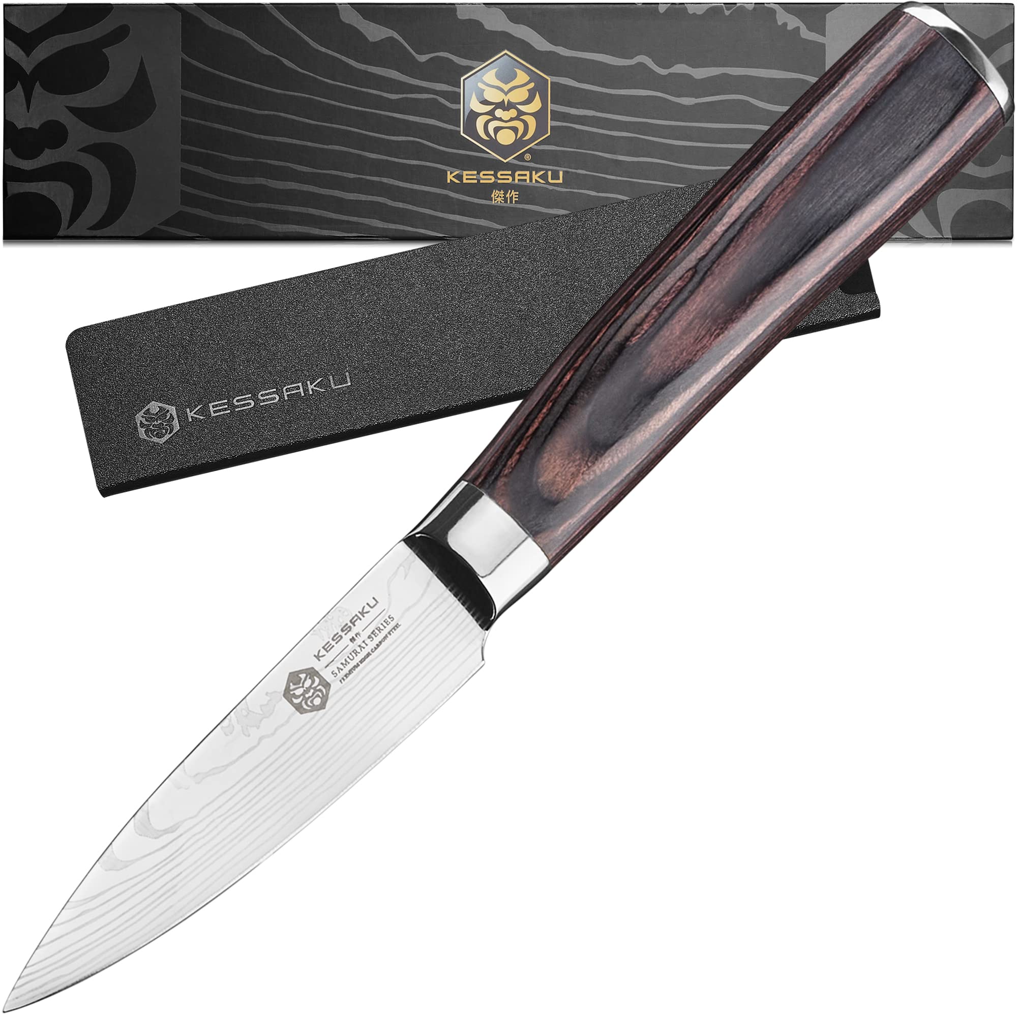 KESSAKU Produce Vegetable Fruit Knife - 6 inch - Samurai Series - Razor Sharp Kitchen Knife - Forged 7Cr17MoV High Carbon Stainless Steel - Wood Handle with Blade Guard