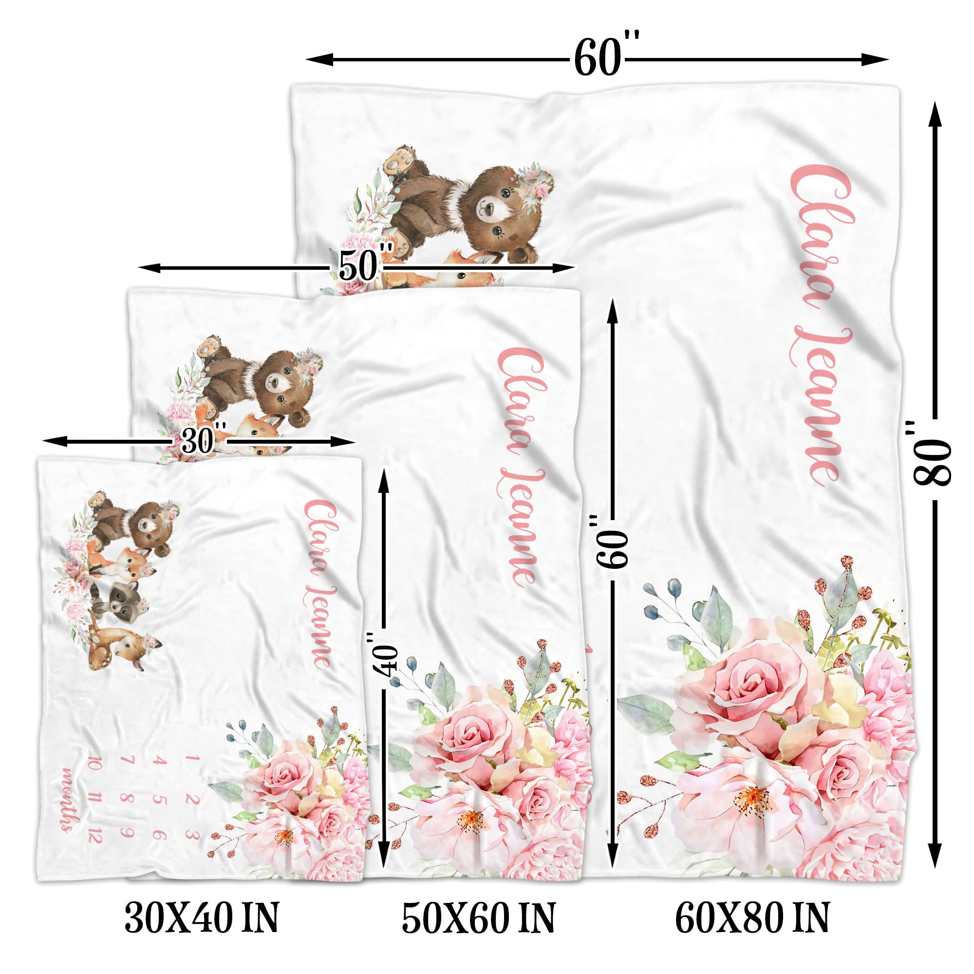 Floral Woodland Baby Monthly Blanket Girl, Personalized Girl Blanket Track Baby Growth, Monthly Growth Blanket, Woodland Baby Girl Blanket, Decor, Super Soft Plush Blanket for Baby 30x40