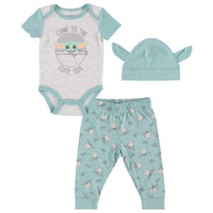 star wars baby yoda baby boys clothing 3-piece set with baby bodysuit, pants, and hat - baby boy outfits (grey/shadow green, 3-6m)