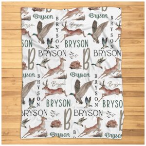 personalized mallard duck deer baby blanket, custom duck hunting blanket, woodland animals baby name blanket, deer baby boy receiving blanket, wildlife hunting baby super soft plush fleece blanket