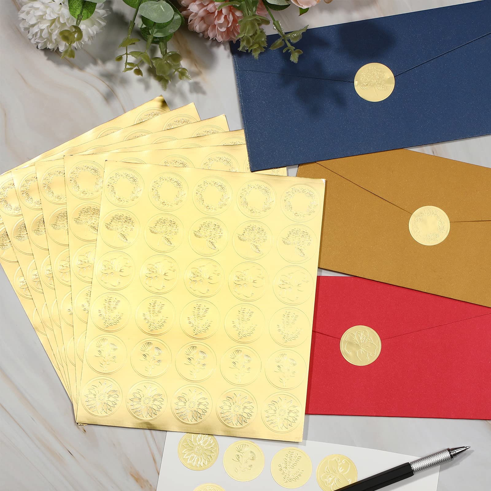 540 Pieces Gold Wax Seals Stickers Embossed Envelope Seal Stickers Gold Foil Self Adhesive Wax Stickers for Wedding Greeting Cards Invitations Party Certification, 6 Patterns (Flower)