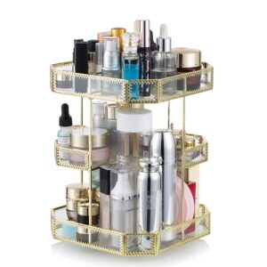 senjie makeup organizer 360 degree rotating countertop cosmetics storage display for lipsticks perfumes skincare large capacity,gold