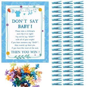 don't say baby shower clothespin game, 60 mini plastic clothespins one 8.5 x 11 sign 50 mini plastic baby (blue)