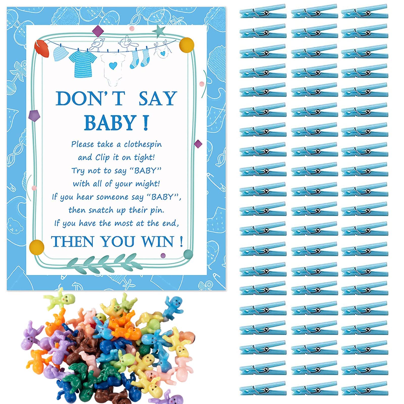 Don't Say Baby Shower Clothespin Game, 60 Mini Plastic Clothespins One 8.5 x 11 Sign 50 Mini Plastic Baby (Blue)