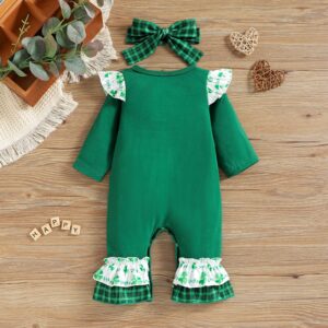 Toddler Baby Girl St Patrick 's Day Outfits Long Sleeve Jumpsuit Clover Romper Ruffle Bodysuit One Piece Bodysuit Headband 2Pcs (Green, 0-3 Months)