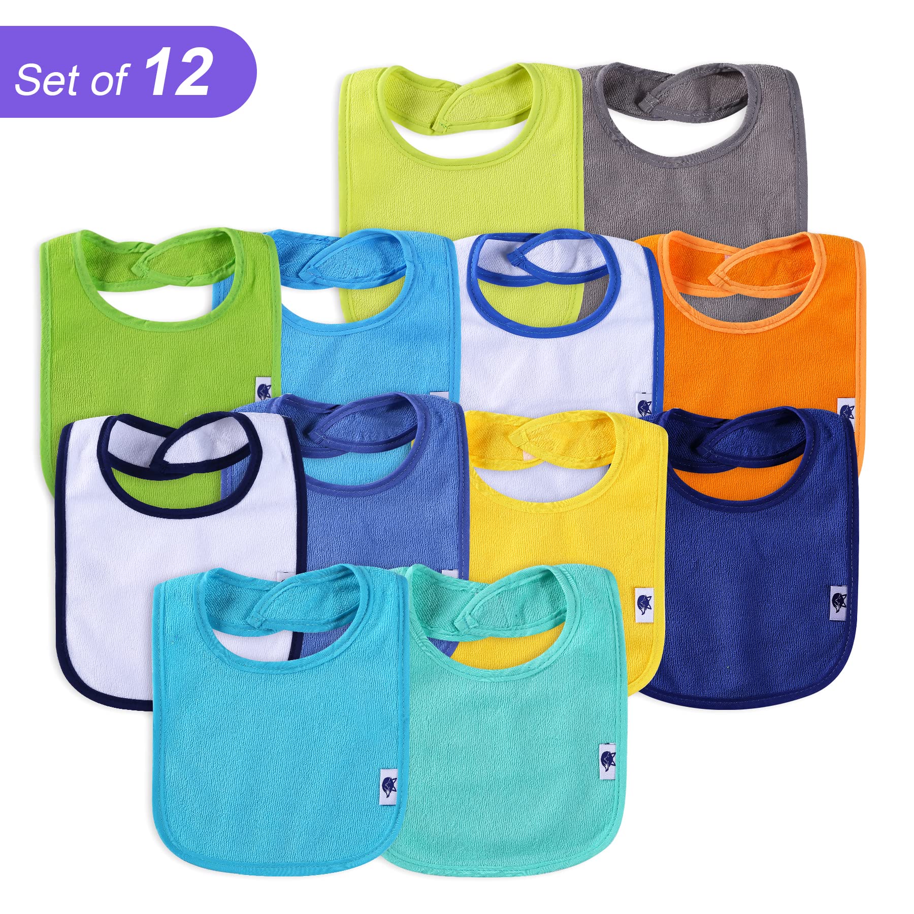 Nvatorfox 12 Pack Terry Drool Cotton Bibs, Unisex Baby Bibs With Fiber Filling Waterproof Baby Bibs for Feeding, Teething, Drooling (BOY)