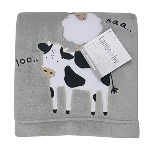 Lambs & Ivy Baby Farm Cow/Sheep Appliqued Gray Luxury Fleece Baby Blanket