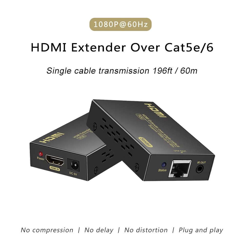 RYXN HDMI Extender Over Cat5e/6, HDMI Over Ethernet Extender 196ft, HDMI Balun Support HDMI 1.4 1080P 3D EDID, Adopting Single Power Supply POC Technology