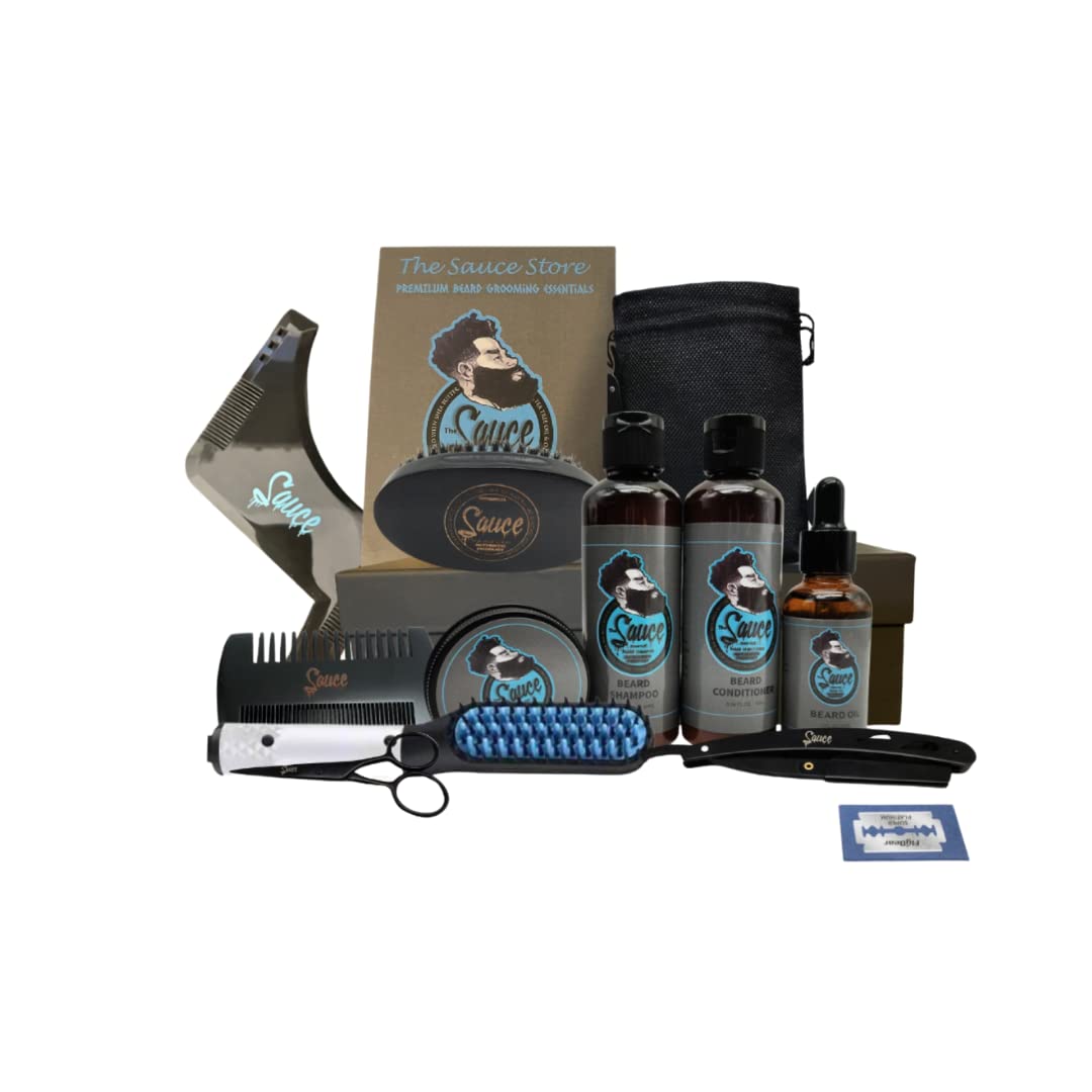 Beard Grooming Kit with Heated Beard Straightener includes 12 items, beard wash, beard oil, beard balm, (Grizzly) Gift idea for men, reusable